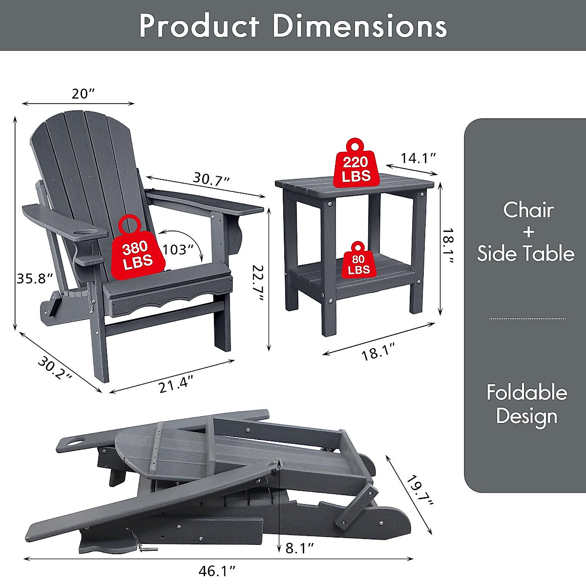 CLOUDEEP Folding Adirondack Chairs, Oversized Adirondack Chairs with Side Table and Cup Holder, Modern Composite Plastic Outdoor Furniture Chairs for Patio, Fire Pit, Porch, Backyard, Deck