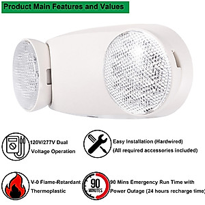 GRUENLICH LED Emergency Light, Exit Lighting Fixtures with 2 LED Bug Eye Heads and Back Up Batteries, UL 924 Qualified, 120-277 Voltage, 1-Pack