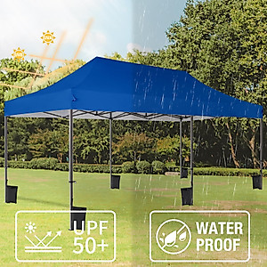 Eesdom 10x20 Canopy Tent with Roller Bag, Commercial Pop Up Canopy Tent, Adjustable Height with Pull Ring, Outdoor Canopy for Beach, Parties, UPF50+, 6 Stakes & 6 Sandbags & 6 Ropes, Blue