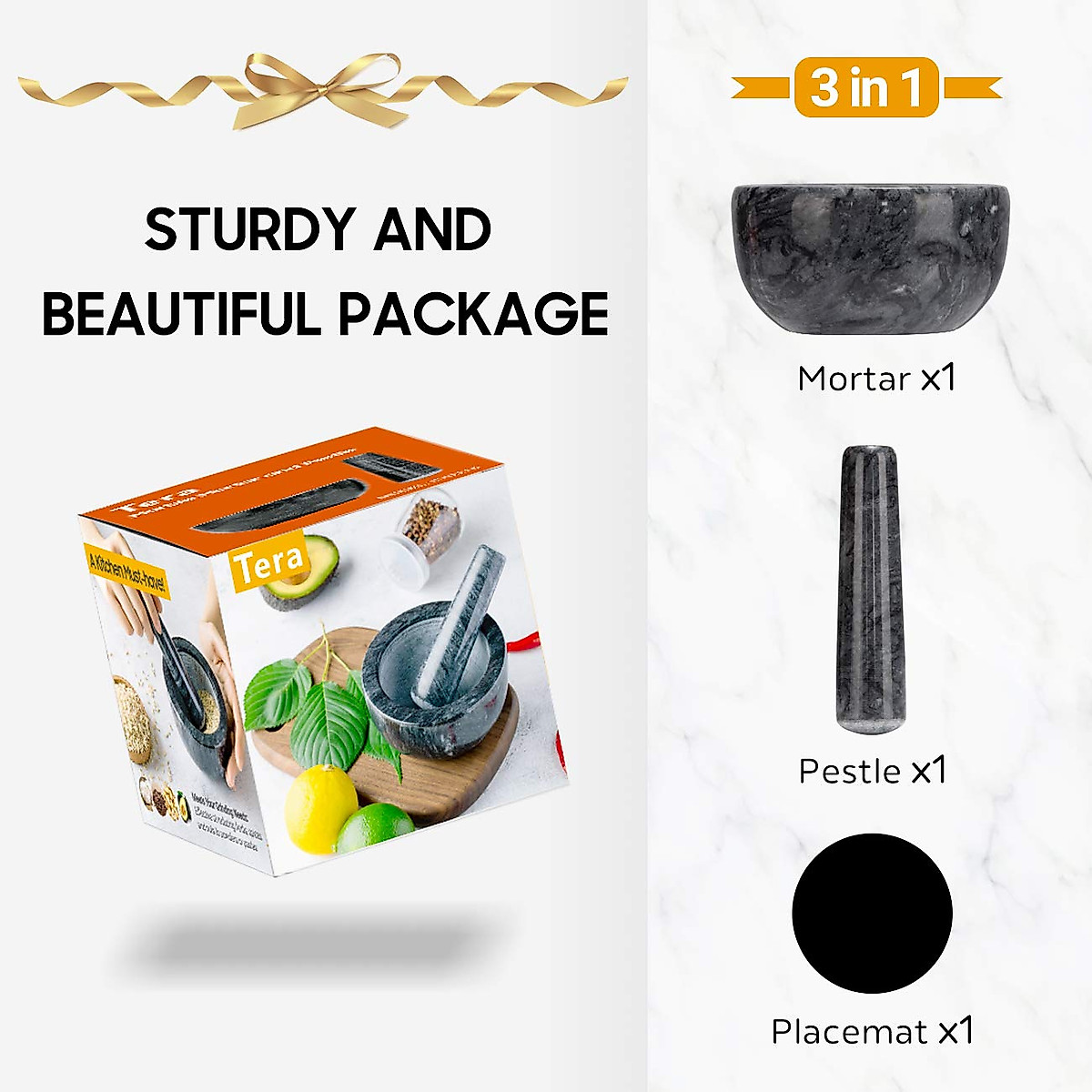 Tera Mortar and Pestle Set Marble Small Bowl Solid Stone Grinder Spice Herb Grinder Pill Crusher (Black, Diameter 4.64")