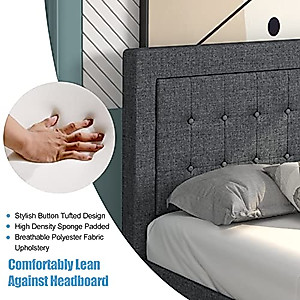 Giantex Upholstered Bed Frame, Modern Platform Bed w/Button Tufted Headboard, Solid Slats Support Mattress Foundation, No Box Spring Needed, Easy Assembly, Noise-Free Design, Twin, Grey