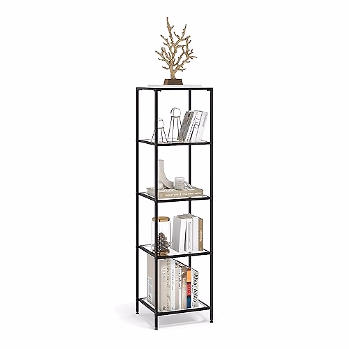 Homhedy 5-Tier Bookshelf,Metal Bookcase,Tempered Glass Shelves,Storage Rack Shelf for Home Office,Living Room,Bedroom, Bathroom,Modern Style, Black
