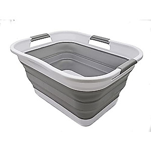 SAMMART 30L (8 gallon) Collapsible Plastic Laundry Basket - Foldable Pop Up Storage Container/Organizer - Portable Washing Tub - Space Saving Hamper/Basket - Water Capacity 24L(6.3 gallon) (1, White/Grey)