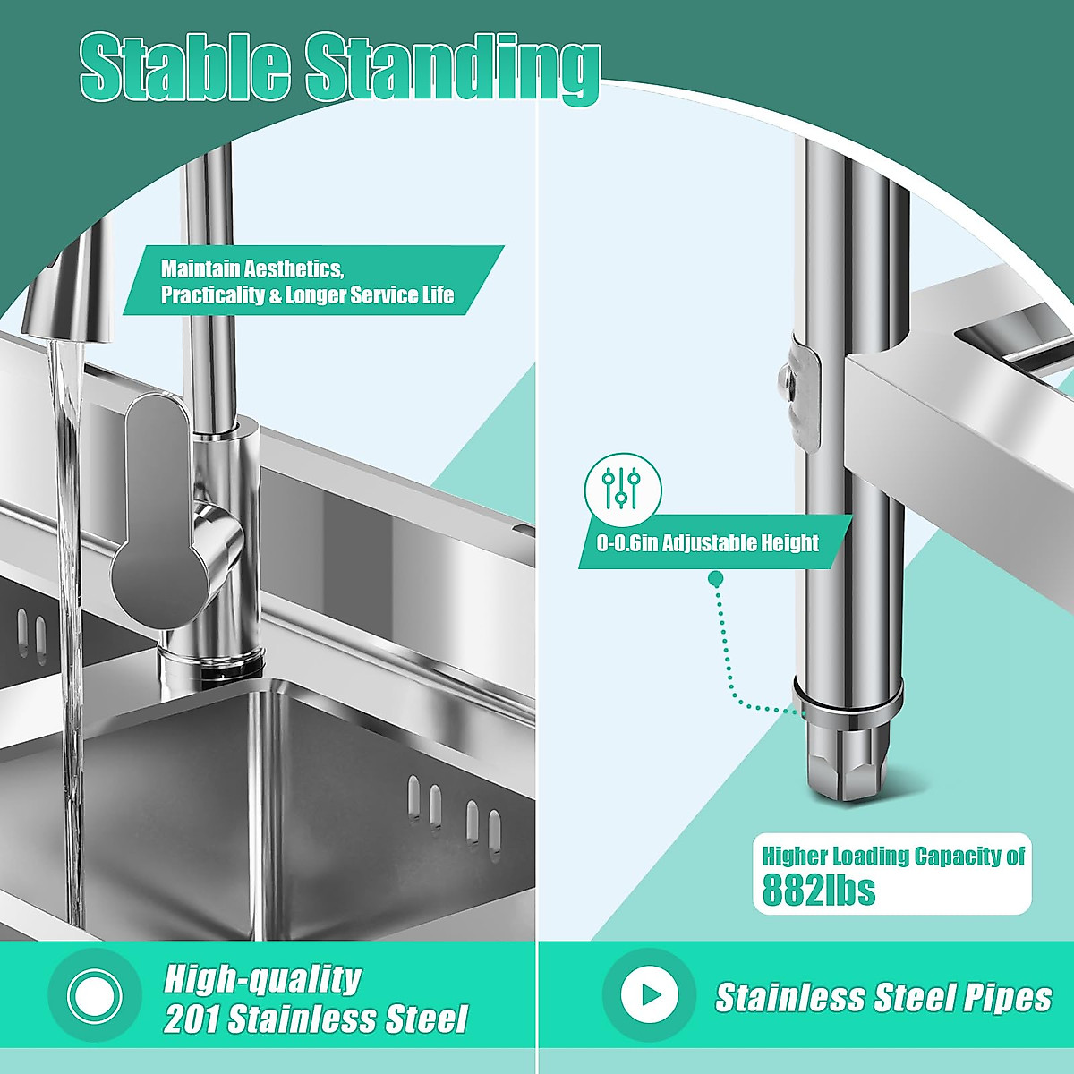 LIYUANJUN 3 Tier Commercial Sink, 201 Stainless Steel Sink With 2 Washing Hand Basins&Drain Pipe&Faucet Indoor Floor Standing Sink for Kitchen Hotel Restaurant Storage Shelves