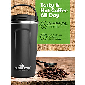 Reusable Coffee Cup with Lid and Handle - Stainless Steel Insulated Coffee Mug for Hot & Cold Drinks - Ideal Travel Mugs - 100% Leak-Proof Tumbler - 16 oz Black