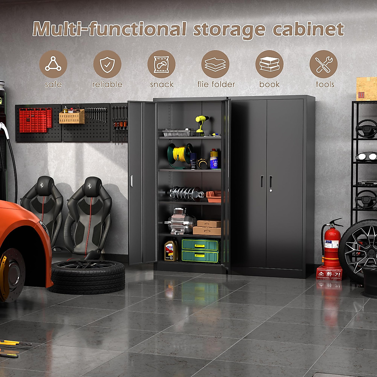 LOCENHU Metal Storage Cabinet with 2 Doors and 4 Adjustable Shelves - 71" Locking File Cabinet,Locking Tool Cabinet for Office,Home,Garage,Gym,School (Black),Requires Installation