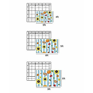 Outdoor Rug 5' x 8', Fall Pumpkin Sunflowers Large Area Rugs for Patio/RV/Deck/Porch/Indoors, Thanksgiving Harvest Blue Stripes Water Absorption Camping Rug Carpet, Lightweight Washable Rug Runners