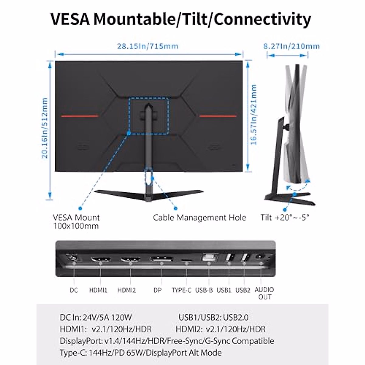 FYHXele 28" Gaming Monitor, 4K 144Hz Monitor, Fast IPS, 1ms, UHD 3840 * 2160 Computer Monitor with Remote, Free-sync, DSC, HDMI 2.1/2.0, DisplayPort 1.4, USB Type C, HDR400, VESA/Low Blue Light