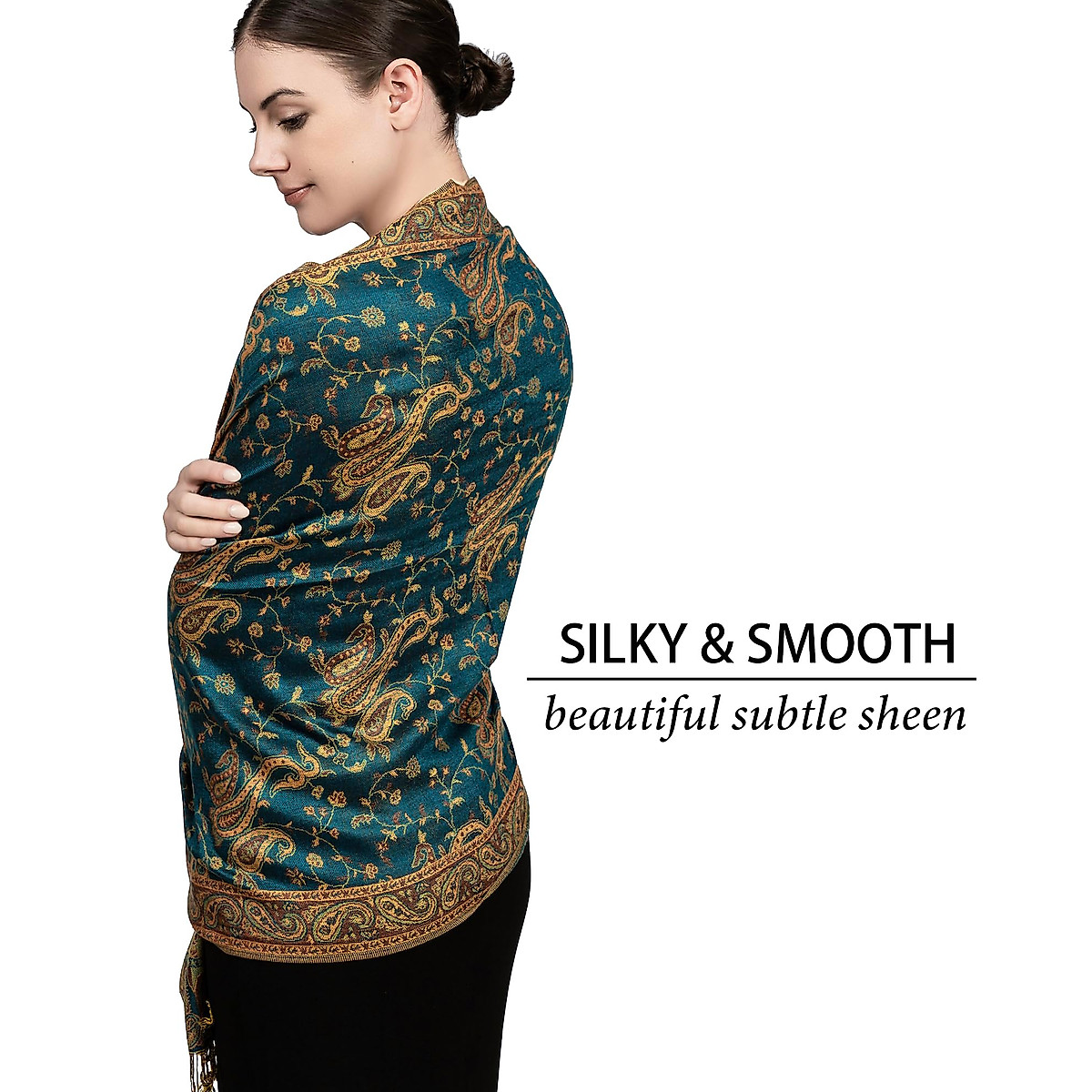 Achillea Soft Silky Reversible Paisley Pashmina Shawl Wrap Scarf w/Fringes (Dark Seagreen)