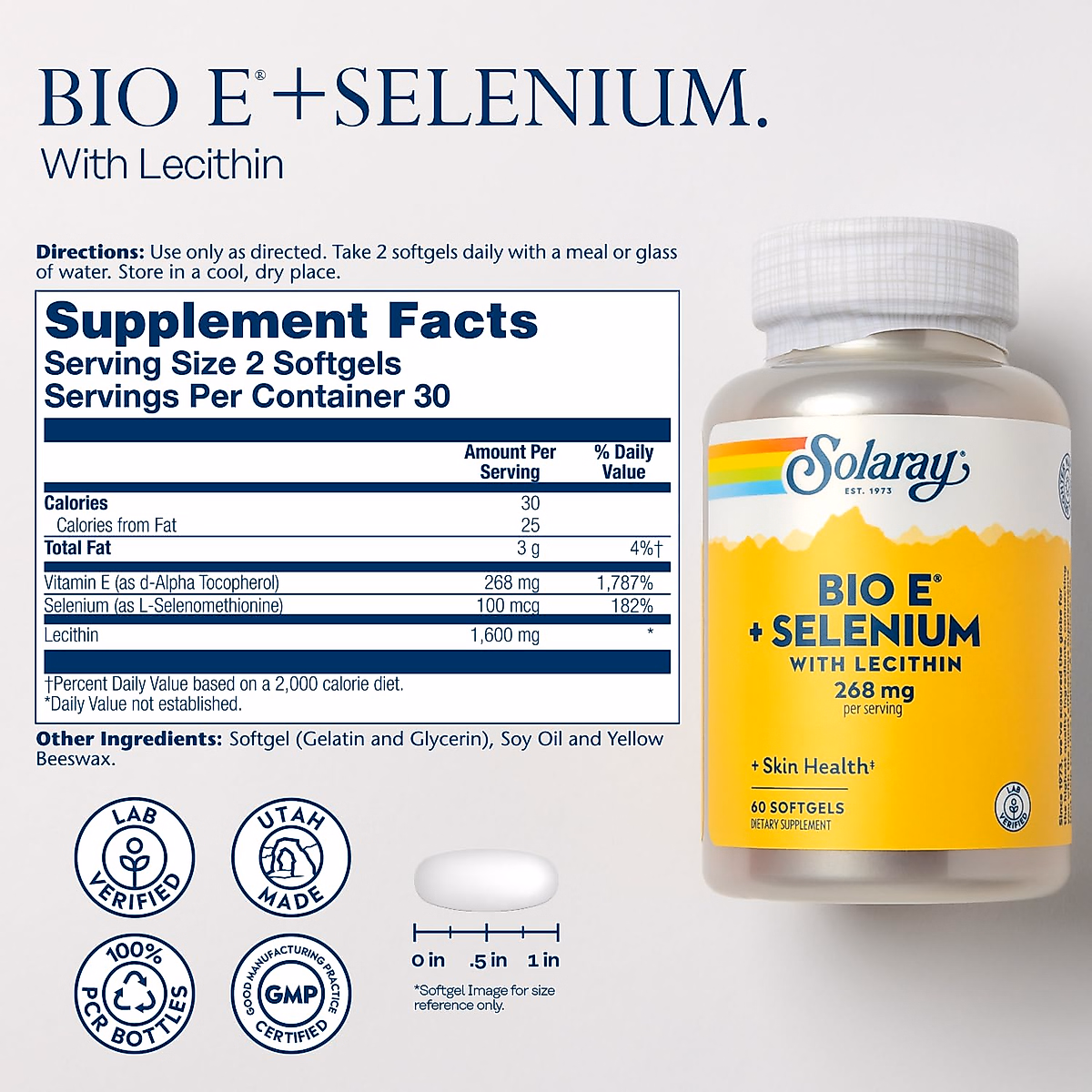 SOLARAY Bio Vitamin E with Selenium 400IU Healthy Heart Function, Antioxidant Activity & Skin Support High Absorption 120 Softgels