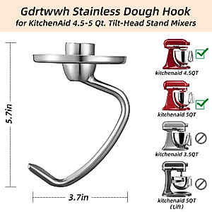 Gdrtwwh Stainless Steel Dough Hook Attachment for KitchenAid 4.5-5 Quart Tilt-Head Stand Mixer,Replacement Parts Bread Hook, Dishwasher Safe(Replace K45DH)