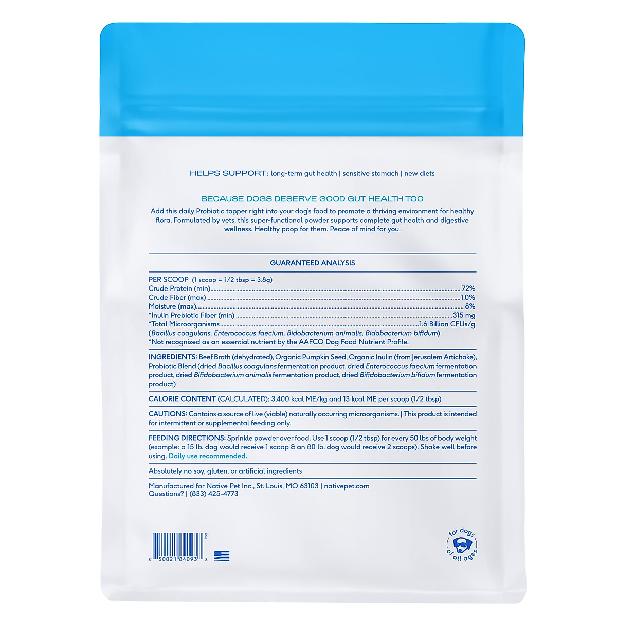 Native Pet Probiotic for Dogs - Vet Created Powder Digestive Issues Dog Probiotics + Prebiotic Bone Broth 232 Gram 6 Billion CFU - Dog Supplies - Powder Prebiotics and Probiotics Dogs Love! (32.8 oz)