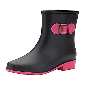 Toe Boots Women Low-Heeled Middle Shoe Rain Buckle Waterproof Round Women's Rain Shoes Craftsmen Work Boots Mens (Hot Pink, 9)