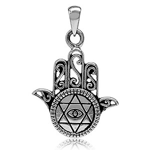 Silvershake 925 Sterling Silver Star of David and Evil Eye on Hamsa Hand Charm Pendant