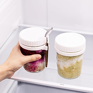 Famyards 4 Pack Overnight Oats Containers with Airtight Lids and Spoons, 16 oz Glass Mason Jars with Measurement Marks, Oatmeal Jars for Cereal, Yogurt, Milk, Salads, Fruit (4 White)