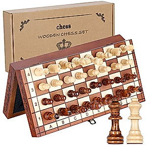 Syrace Magnetic Chess & Checkers Set Board Games, Kids and Adults Wooden Foldable Hand Carved Portable Travel Chess Board Game Sets with Game Pieces & Storage Slots 15.74"