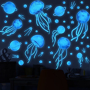 4 Sheets Starry Sky Jellyfish Wall Sticker Glow in The Dark Wall Stickers Planet Blue Luminous Wall Decals DIY Peel Stick Art Decor for Walls Ceiling Kids Bedroom Living Room Nursery Girls and Boys (Blue)