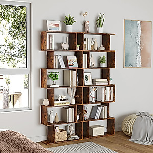 Yusong Geometric Bookcase, Bookshelf 6-Tier S Shaped Book Shelves for Bedroom, Modern Wood Decorative Display Shelf Tall Book Case for Home Office, Rustic Brown