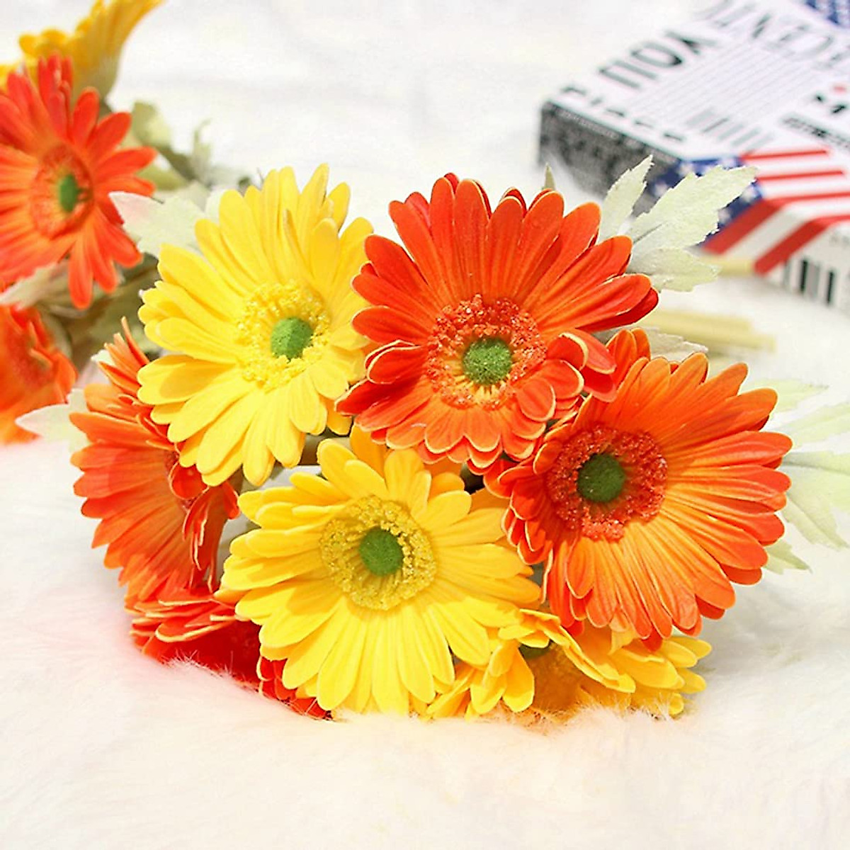 Qingriver 1 Bouquet(7 Stems) PU Gerbera Jamesonii African Daisy Artificial Flowers for Home Garden Wedding Party Decor (Orange&Yellow)
