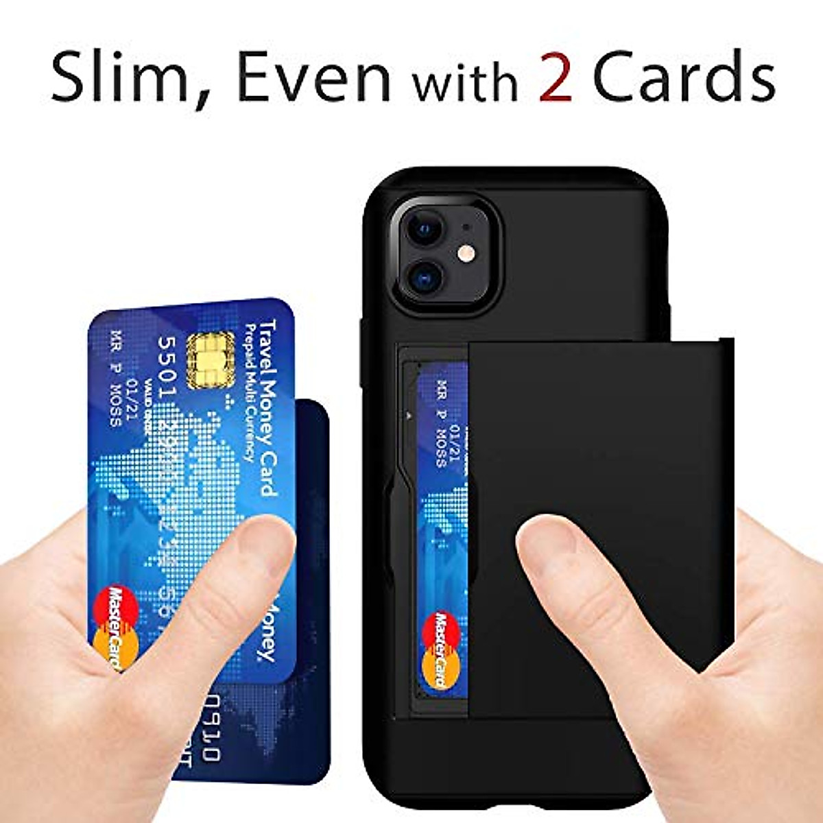 SUPBEC iPhone 11 Case with Card Holder and [Screen Protector Tempered Glass x2Pack] iPhone Wallet Case Cover with Shockproof Silicone TPU + Anti-Scratch Hard PC - Full Protective-2019-6.1"-Black