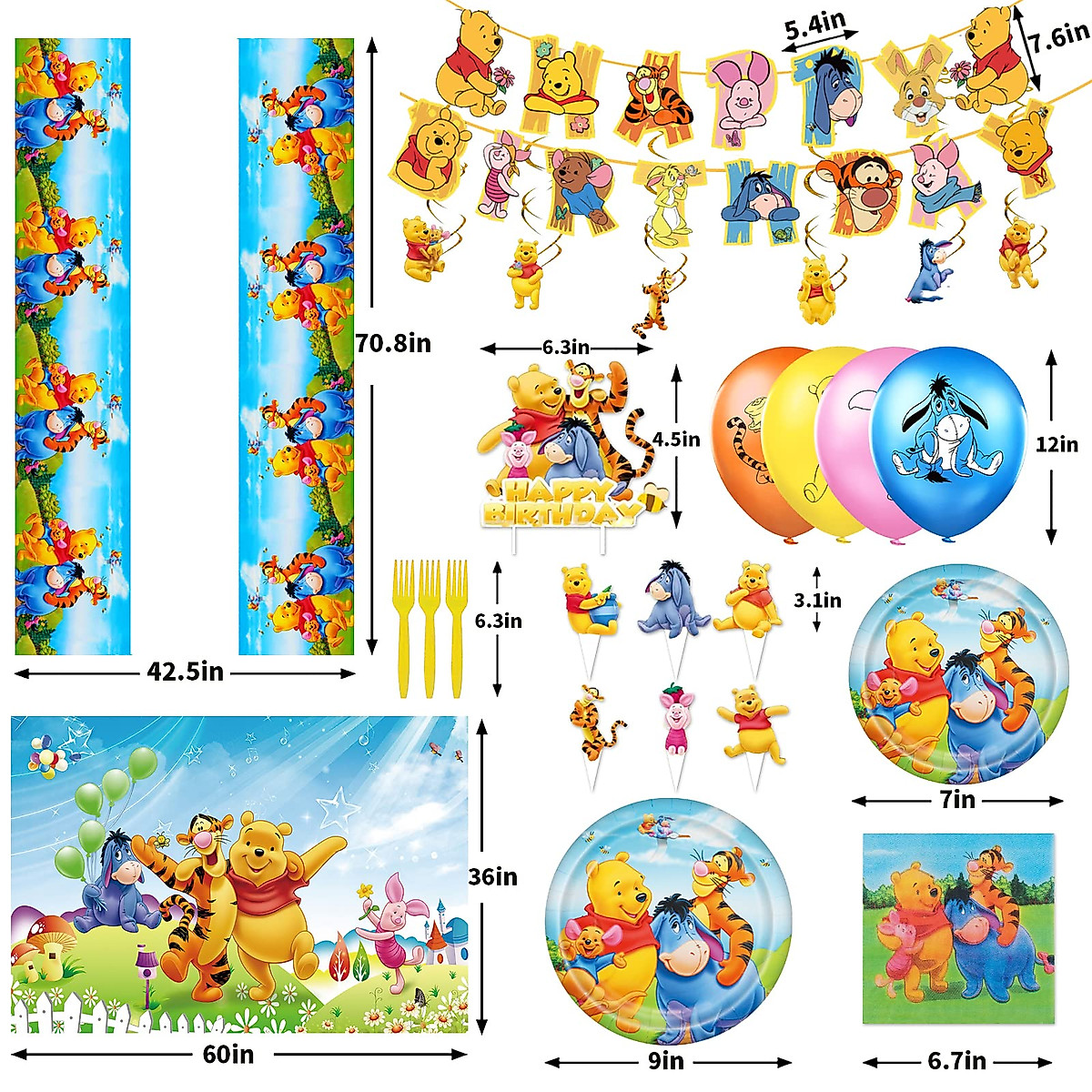Winnie The Pooh Birthday Party Supplies, Include Banner, Background, Hanging Swirls Decorations, Latex Balloons, Plates, Cutlery, Napkins,Great Birthday and Baby Shower Tableware and Decorations Set