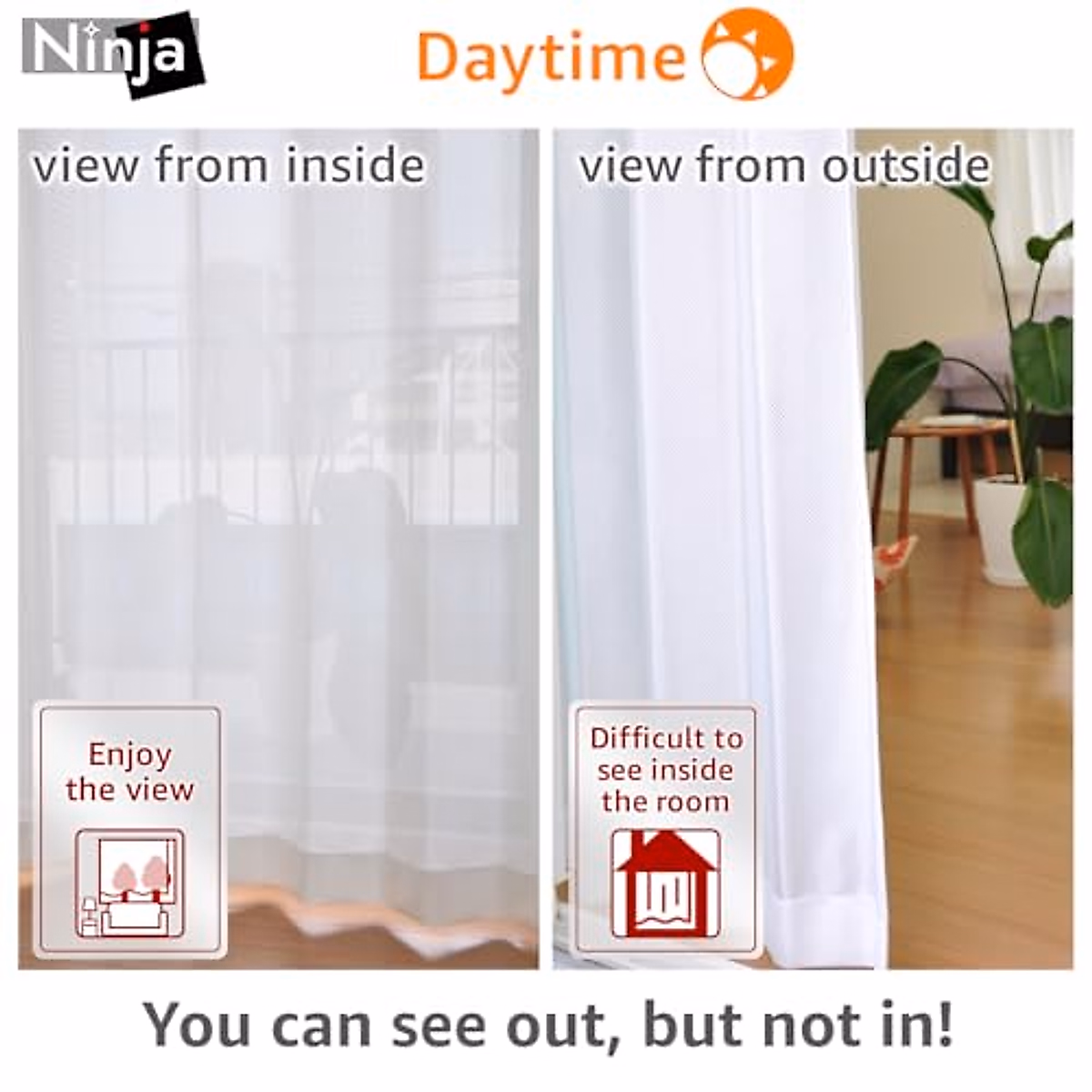 One-Way See Through Privacy Lace Curtains [Ninja], 194 Sizes, Made in Japan, Pinch Pleated 2 Panels Set, Hooks & Rings Included, Insulating, White Semi Sheer for Living Room/Bedroom, 49.2"W x 94.9"L