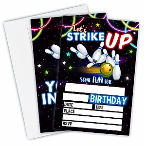 Let's Strike Up Birthday Invitations, Neon Bowling Vintage Birthday Party Invites For Kids Adults Birthday Party And Events Supplies, 20 Fill-In Invites Cards With Matching Envelopes（YQK-B14）