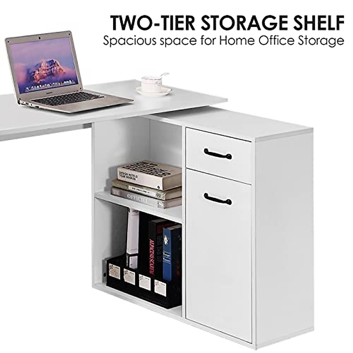 VANSPACE L-Shaped Rotating Computer Desk 68 inch with Storage Shelves Home Office Corner Desk with Drawers and File Cabinet Multipurpose Study Writing Table for Bedroom Small Space White