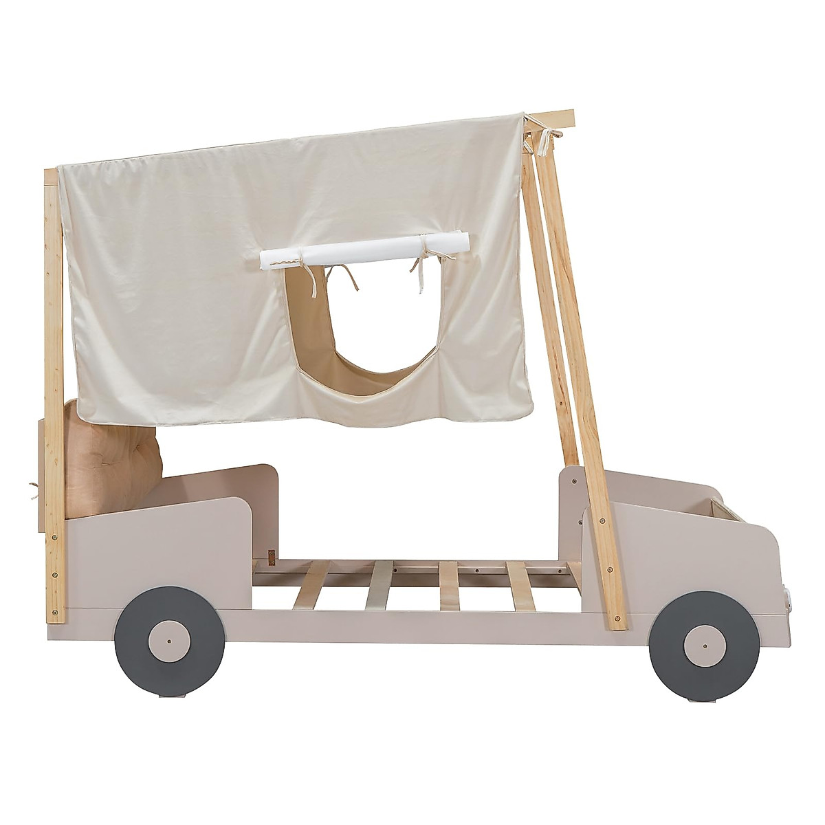 Harper & Bright Designs Twin Size Kids Car Bed with Pillow, Ceiling Cloth and LED Light, Twin Playhouse Bed Frame, Kids Canopy Bed, Wood Twin Platform Bed for Kids Boys Girls Teens (Natural, Twin)