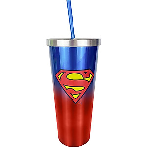 Spoontiques - Superman Stainless Steel Cup with Straw - Stainless Steel 24 Oz. Tumbler, DC