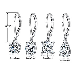 MDFUN 18K White Gold Plated Round Princess Cut Clear Cubic Zirconia Tear Drop Dangle Earrings for Women Hypoallergenic 4 Pairs