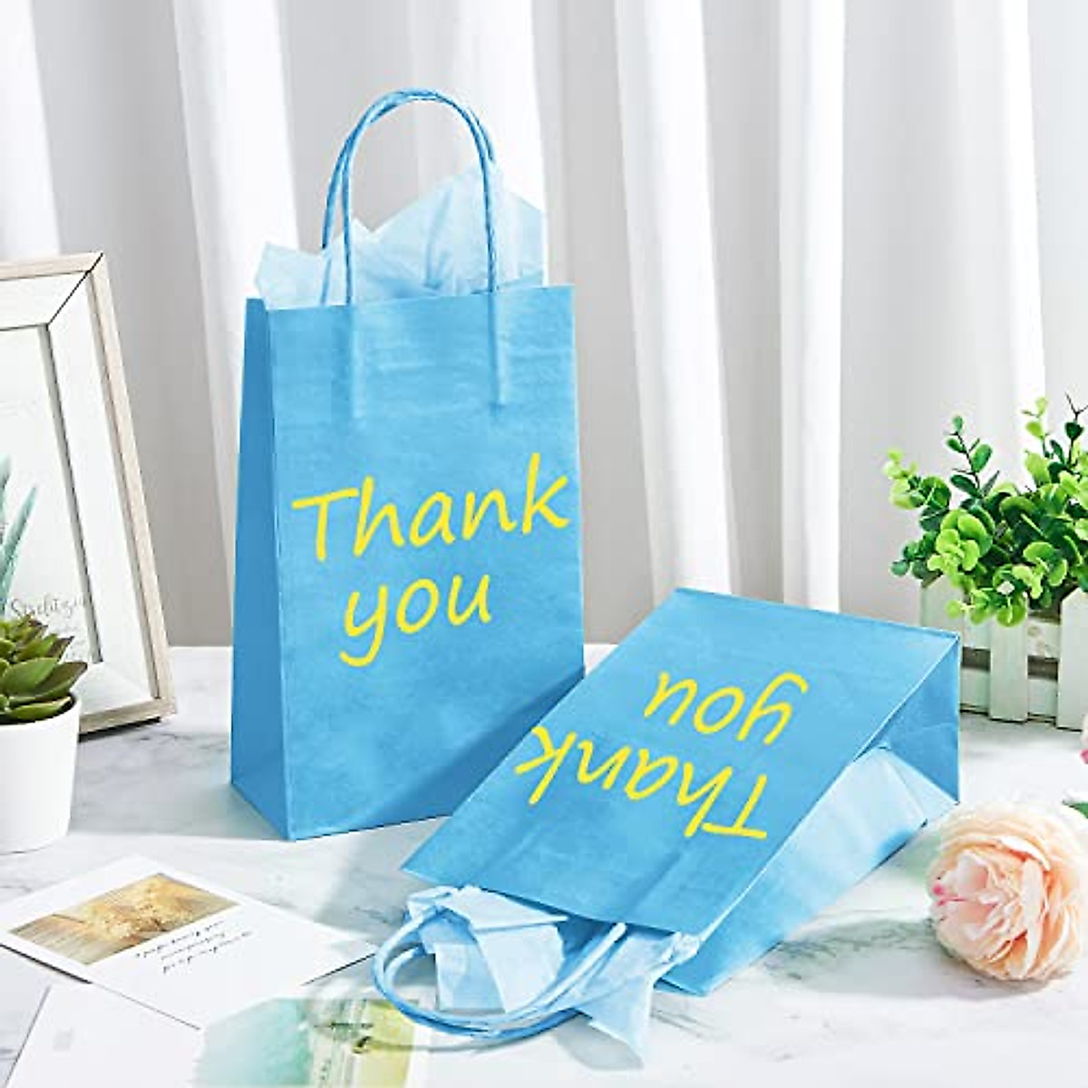 DjinnGlory 24 Pack Small Blue Paper Gift Bags with Handles and 24 Blue Tissue Wrapping Paper for Birthday Wedding Baby Shower Party Favors Goodies, 9x5.5x3.15 Inch (Blue)