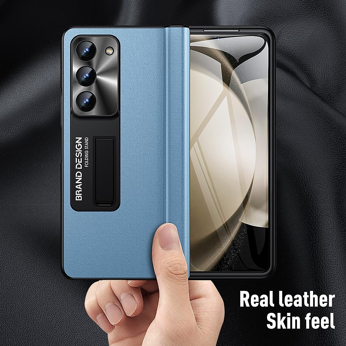 LEIAU for Samsung Galaxy Fold 5 Case: Luxury Genuine Leather case with Full Cover Hinge Protection & Screen Protector & Kickstand - Shockproof Protective Phone Case for Galaxy Z Fold 5 5G Blue