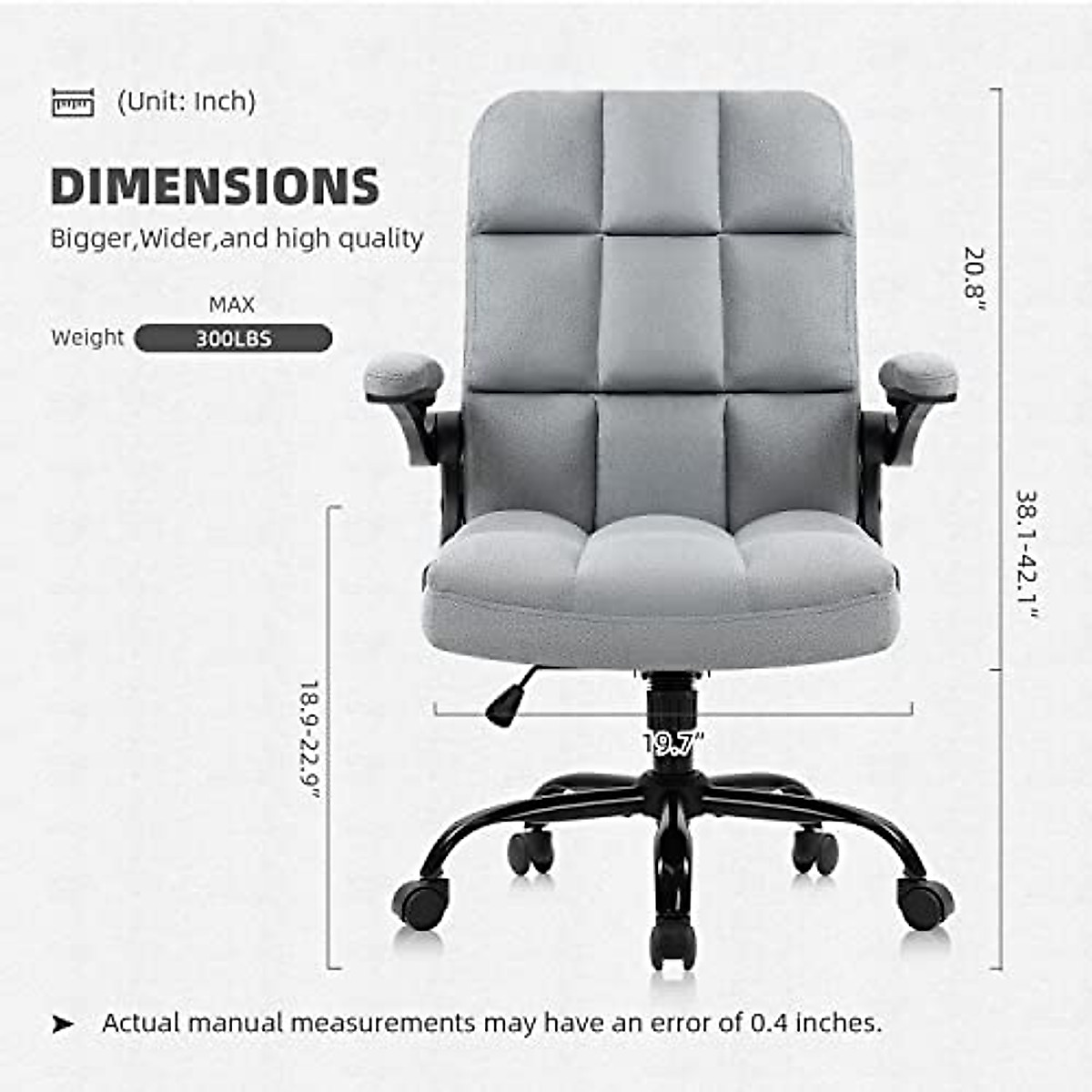 SEATZONE Home Office Chairs Fabric Upholstered Desk Chair with Armrests, Modern Executive Swivel Task Chair for Home Office,Grey