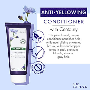 Klorane Plant-Based Purple Conditioner with Centaury, Brightens Blonde, Platinum, Silver, Gray or White Hair, Neutralizes Unwanted Yellow and Copper Tones, Paraben, Silicone and Sulfate Free, 6.7 fl.oz.