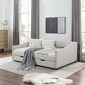 OMGO Upholstered Full Size Daybed with Two Storage Trundle Drawers, Solid Wooden Sofa Bed Frame w/Button Tufted Backrest, No Box Spring Needed, for Kids, Bedroom, Dorm