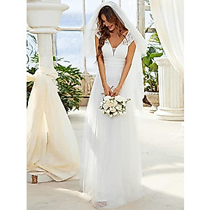 Ever-Pretty Women's Cap Sleeve Lace A-line V-Neck Long Evening Dress for Wedding Party White US8