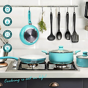Masthome 16 Piece Ceramic Nonstick Cookware Set,Soft Grip Healthy Pots and Pans Set with Lids and Utensils for Kitchen,PFAS-Free, Dishwasher Safe-Tiffany Blue Extra Spoons and Silicone Spatula Set