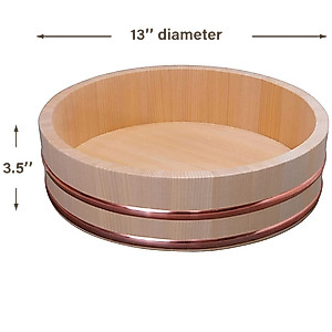 TIKUSAN Wooden Hangiri Sushi Rice Mixing Tub Copper Band Made in Japan Made of Sawara Cypress Sushi Rice Bowl Sushi Oke (13" (33cm))