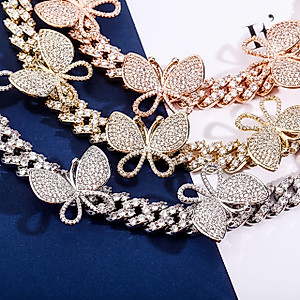 TOPGRILLZ 8mm/12mm 6 Times Plated Iced Out Spinner Charm Butterfly Cuban Link Choker Chain Necklace for Women Novelty Jewelry Gifts(12mm Rose Gold, 16)