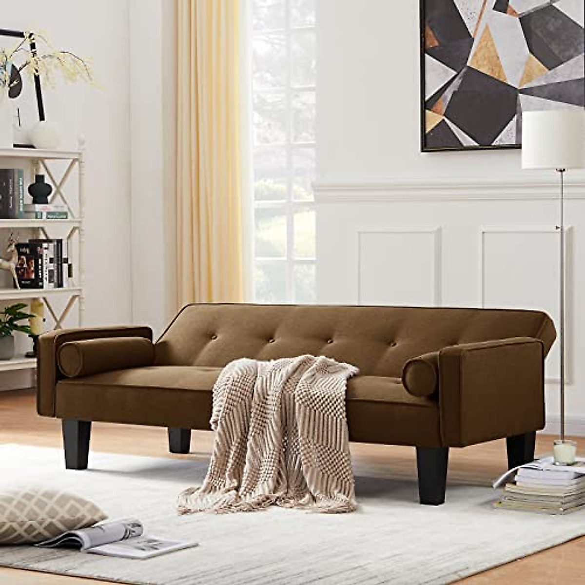 Goohome Modern Fabric, Medieval Furniture, Living Room Button Tufted, Pull Point Design for Bedroom, Office, Adjustable loveseat Sofa with Pillows, Brown