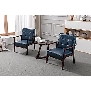 Okeysen Mid Century Modern Accent Chairs, Retro Wood and Leather Armchairs Side Chair, Lounge Reading Comfy Arm Chair for Living Room, Bedroom, Office (Blue)