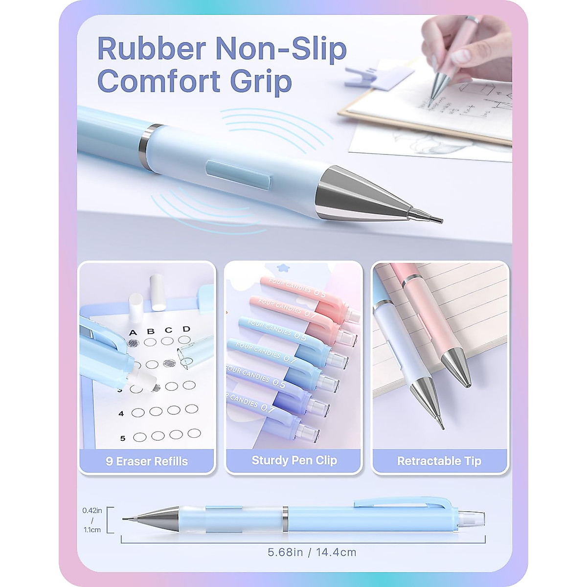 Four Candies Pastel Mechanical Pencil Set - 3PCS 0.5mm Mechanical Pencils with 240PCS HB Lead Refills, 3PCS Erasers and 9PCS Eraser Refills, Cute Colored Mechanical Pencils for Drawing & Writing