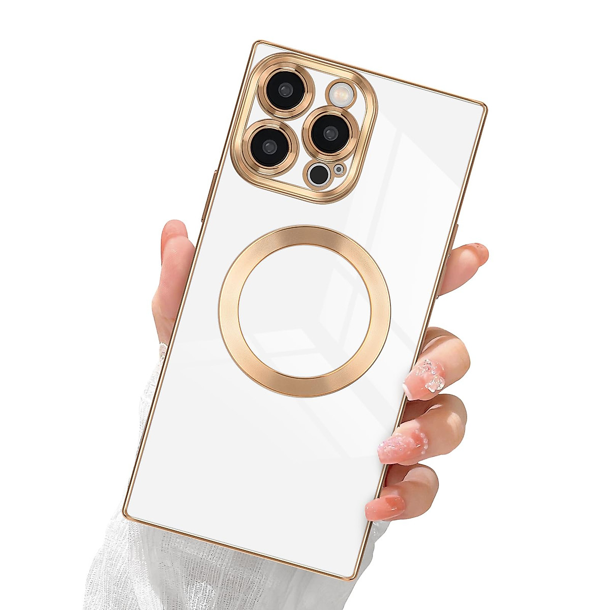 Newseego for iPhone 13 Pro Max Magnetic Case, Luxury Plating Edge Case for Women Girls Men Soft TPU Bumper Anti-Scratch Shockproof Protective Case Cover for iPhone 13 Pro Max-White