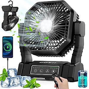 COZII 20000mAh Battery Operated Fan - Camping Fan Rechargeable with 3 Colors Light, 4 Speeds, 4 Timing, Adjustable Head, Portable Battery Powered Tent Fan with Hanging Hook for Picnic, BBQ