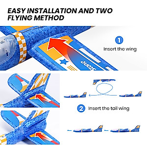EagleStone Airplane Toy 2 Pack LED Foam Airplane for Kids Large Throwing Foam Plane 2 Flight Mode Glider Plane Flying Toys with 2 Sticker Styrofoam Airplanes for Boys&Girls Age 3 or Above Best Gift