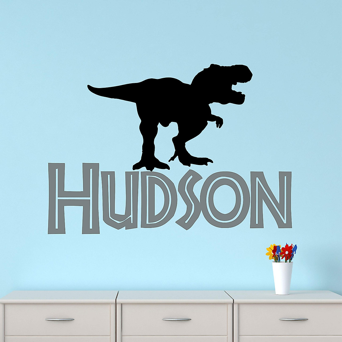 Custom Dinosaur Name Wall Decal- Baby Boy Girl Unisex - Nursery Decal for Home Bedroom Children - Wall Sticker (253) (32" Wide x 22" Tall)