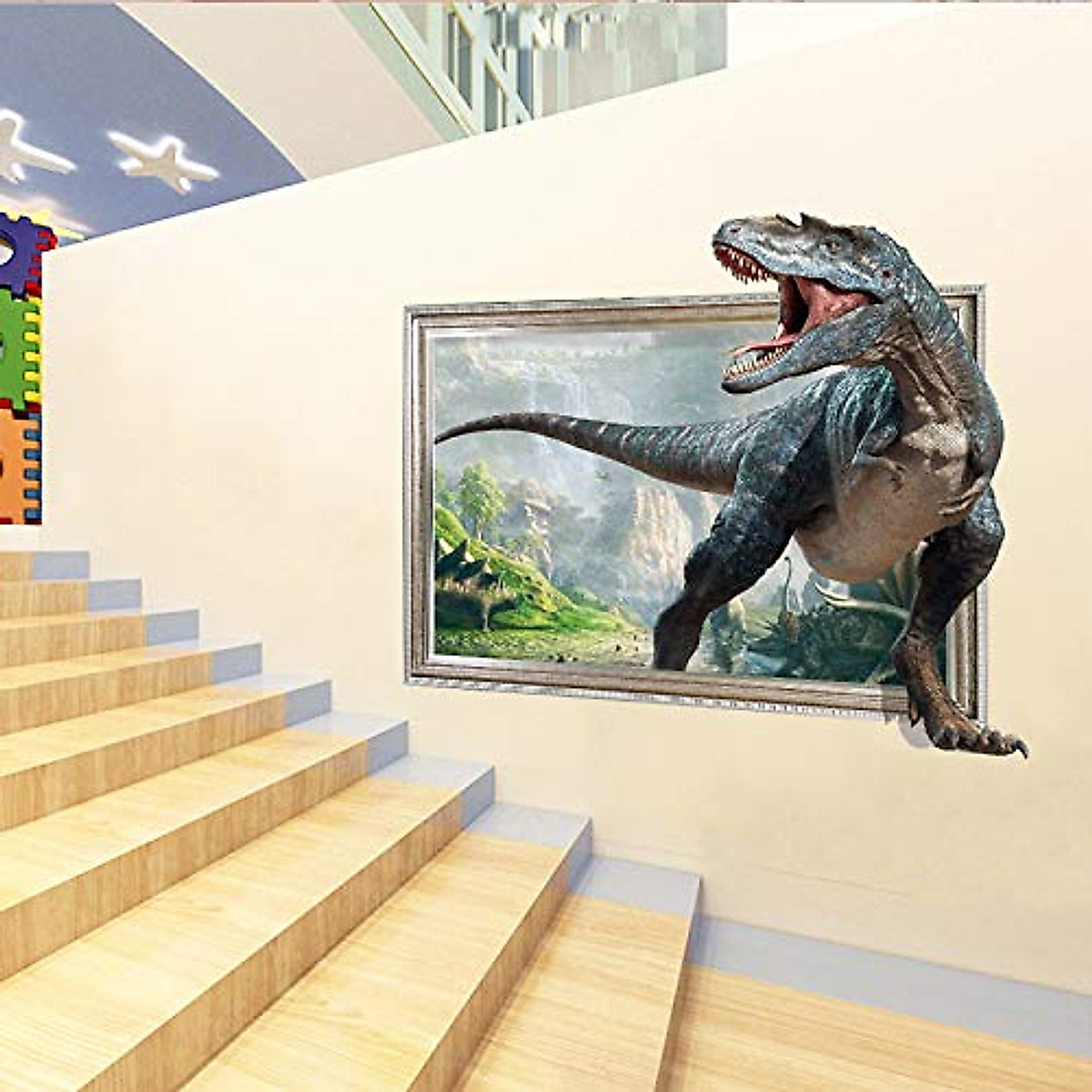 BOSUE SLLXG 3D Dinosaur World Wall Decals Kids Wall Stickers Peel＆Stick Tyranosaurus Home Decor Dinosaur Break Through The Wall Art Murals for Kids Teen Nursery Bedroom Living Room Bathroom Decor