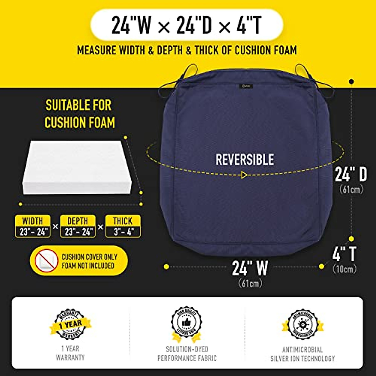SUNROX FadeShield Outdoor Cushion Covers Replacement 24x24x4 Inch, Set of 2, Water-, Stain-, UV Fade Resistant Patio Furniture Slipcovers, Durable Chair Seat Cushion Cover with Windproof Ties