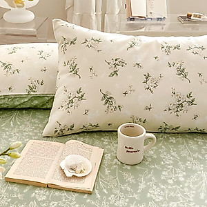 Rvciby Vintage Floral Duvet Cover Queen Size,100% Cotton Chic Shabby Beige Green Breathable Reversible Comforter Cover Set,3 Pieces,1 Duvet Cover with Zipper Closure & Corner Ties and 2 Pillow Shams